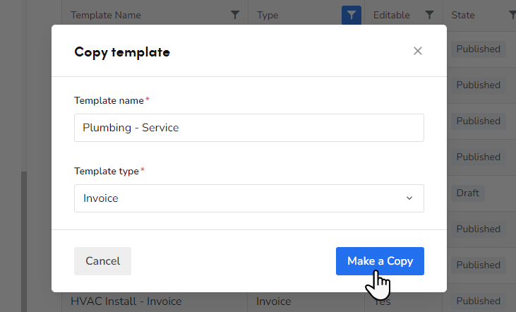 Cursor on the Make a copy option in the Copy Template screen