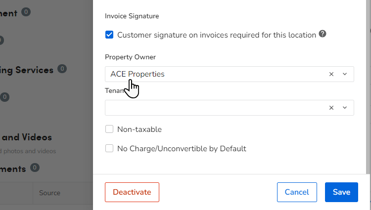 Cursor on the Property Owner field in the Edit Location screen