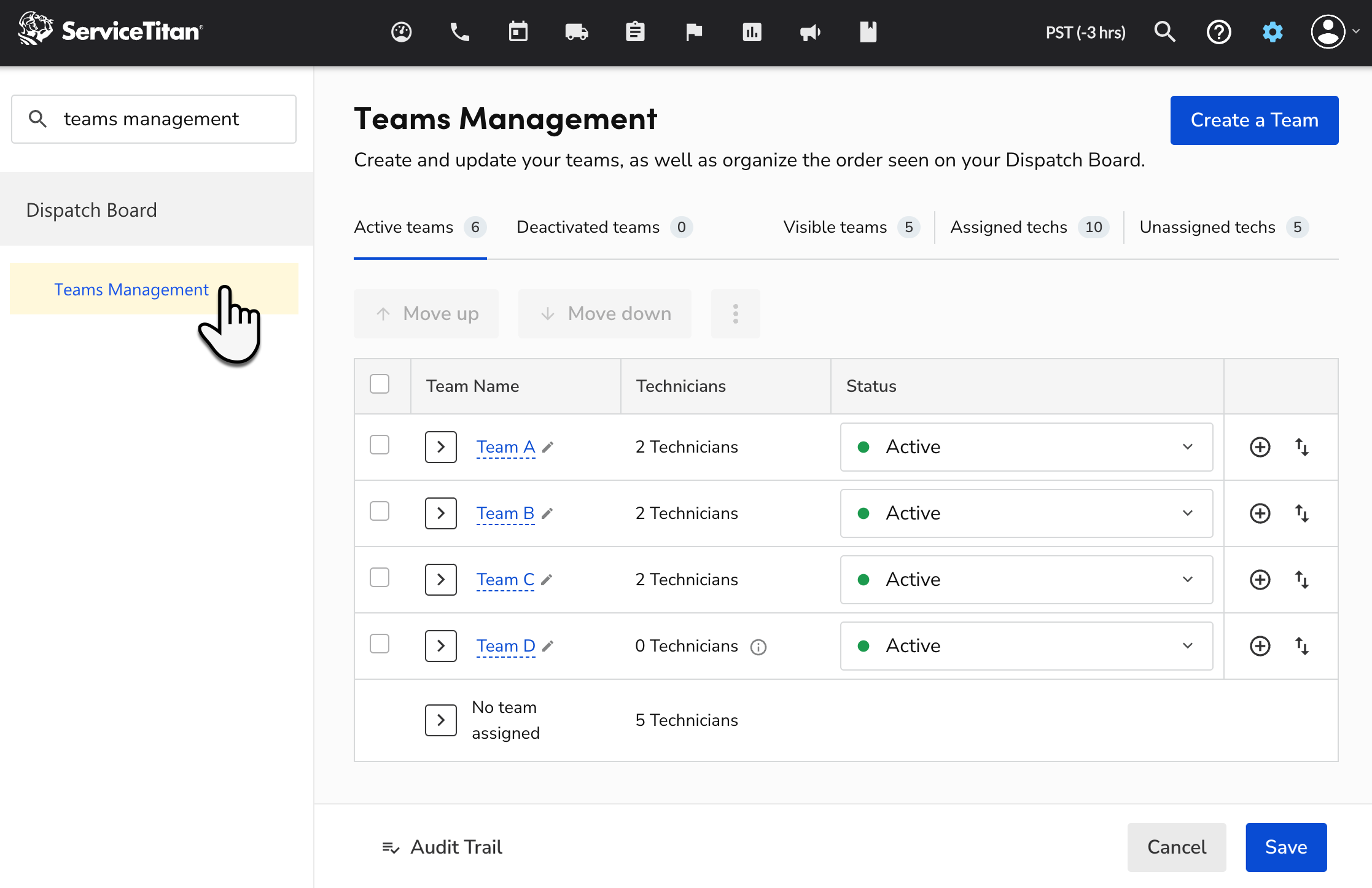 The ServiceTitan Teams Management screen.
