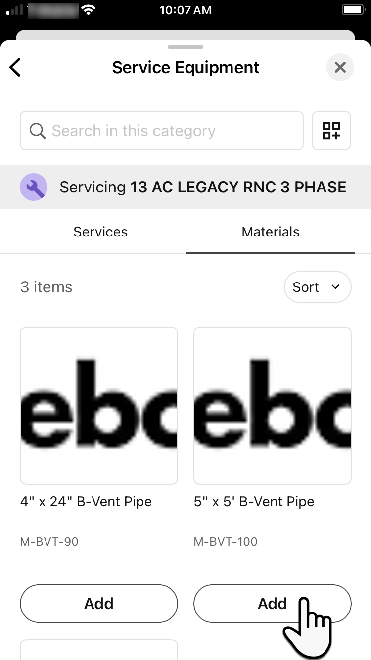 A cursor tapping Add for material in Pricebook in the ServiceTitan ...