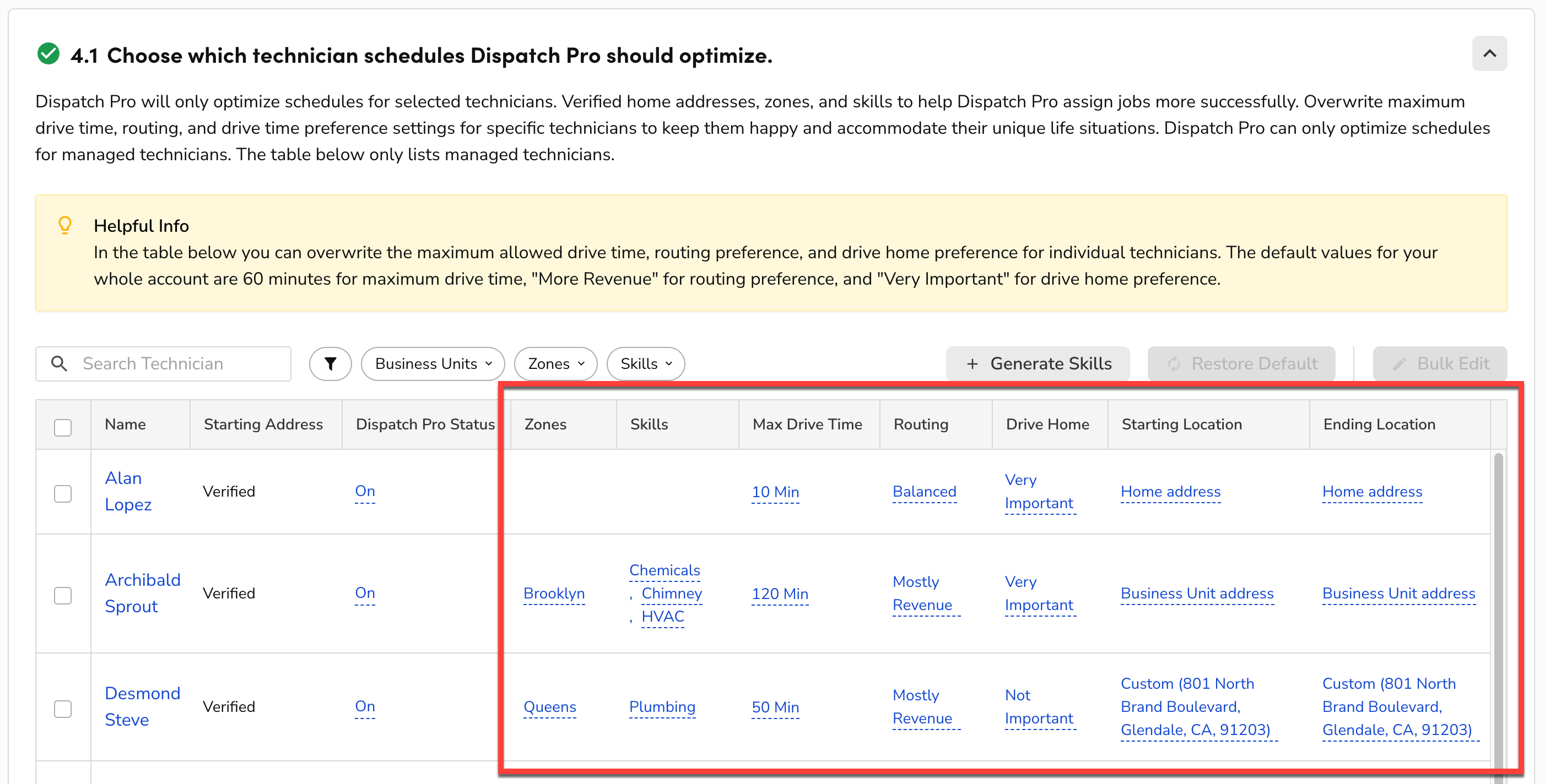 The Dispatch Pro technician settings tab. Zones, Skills, Max Drive Time, Routing, Drive Home ...
