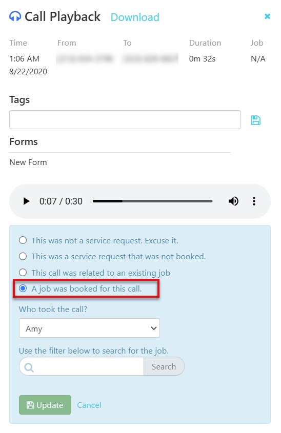 Specify the job that was booked from this call