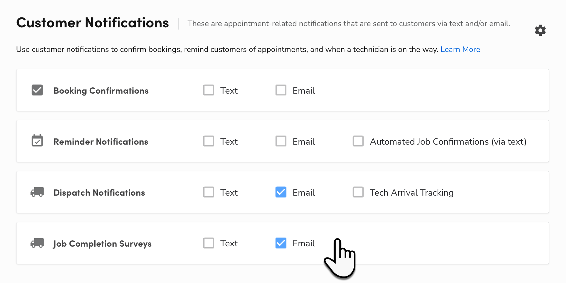 A cursor clicking Job Completion Surveys on the ServiceTitan Customer Notifications screen.