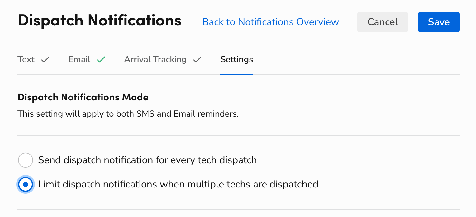 The Settings tab on the Dispatch Notifications screen in ServiceTitan.