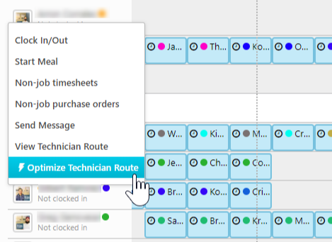 A cursor selecting Optimize Technician Route from a technician's dropdown menu on the ...
