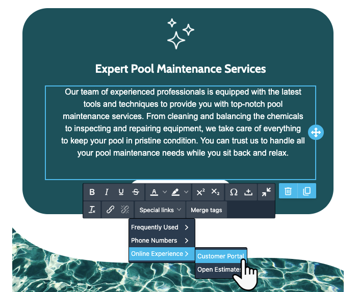 Cursor hovers over the Customer Portal option in the Online Experiences special links.