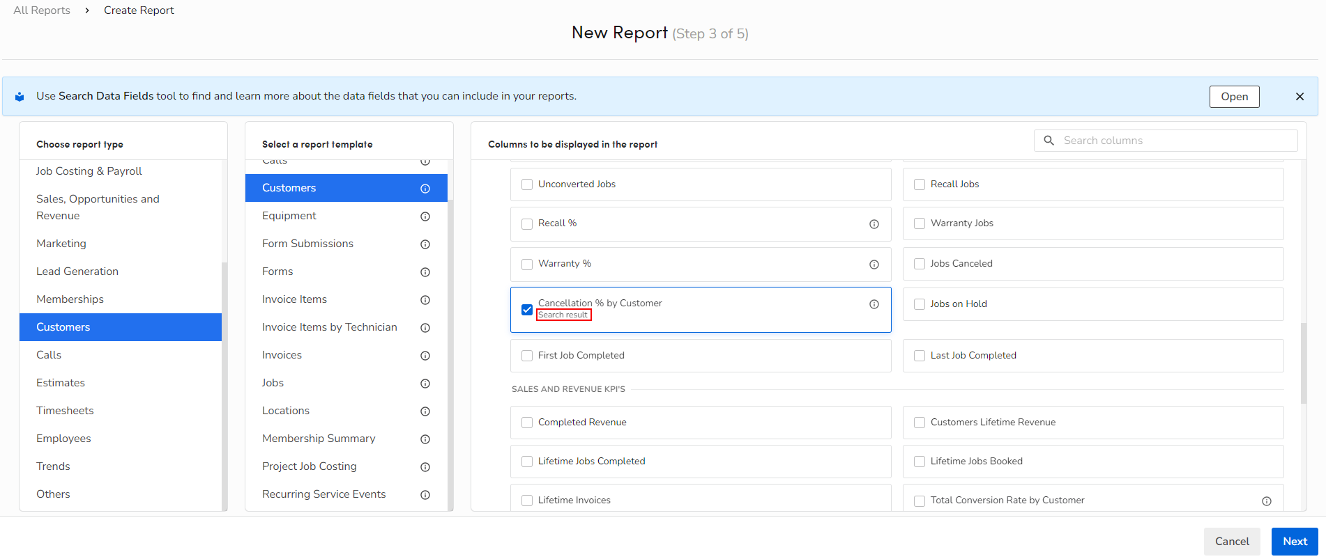 Data fields added from search are labeled with 'Search Result'.