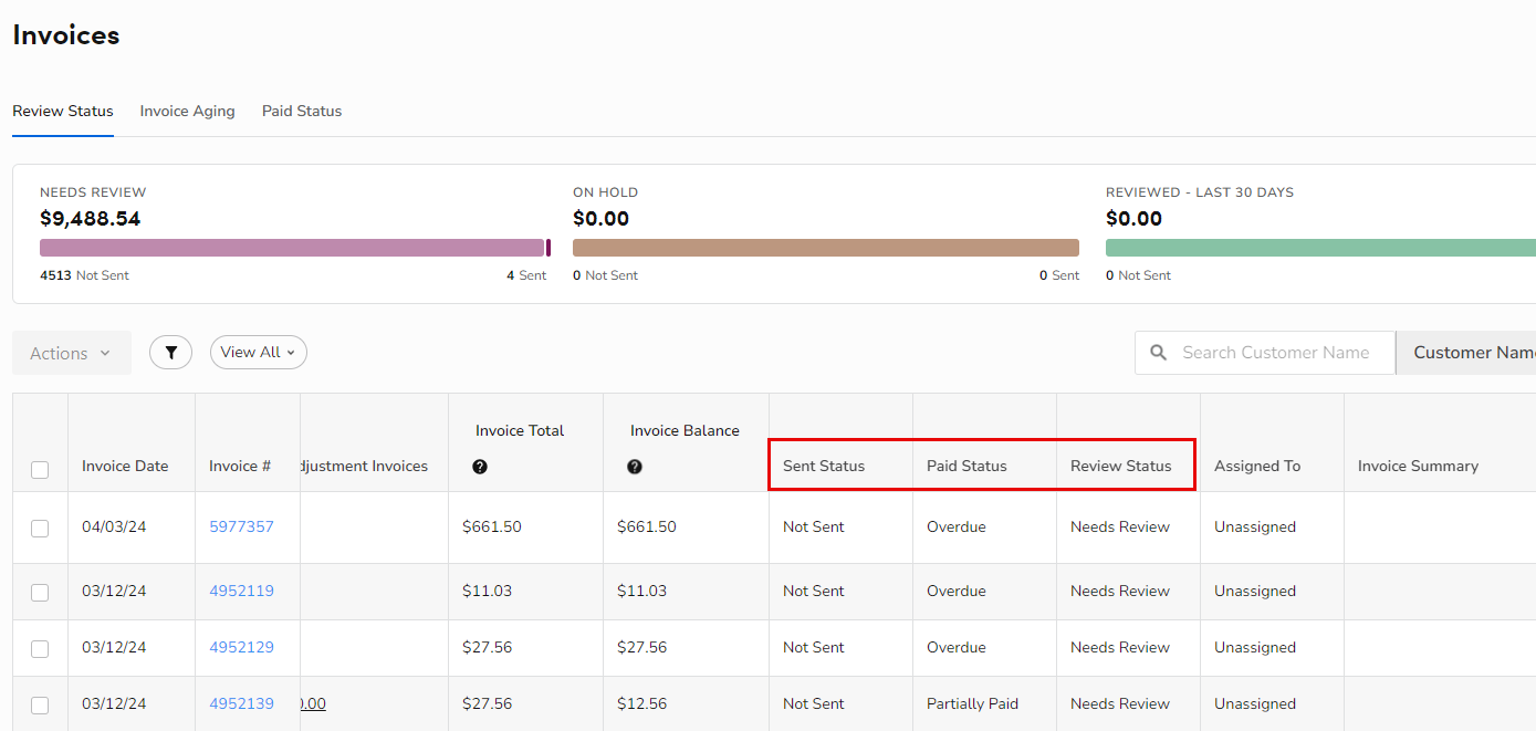 Screenshot of the Invoices module with the Sent, Review, and Paid ...