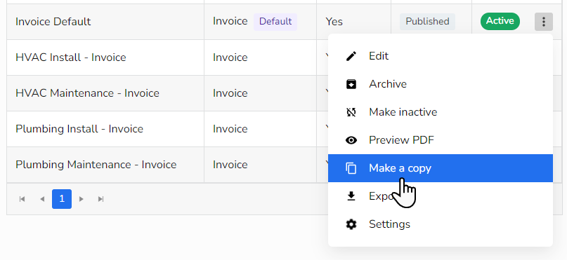 Cursor on the Make a copy option in Template Manager