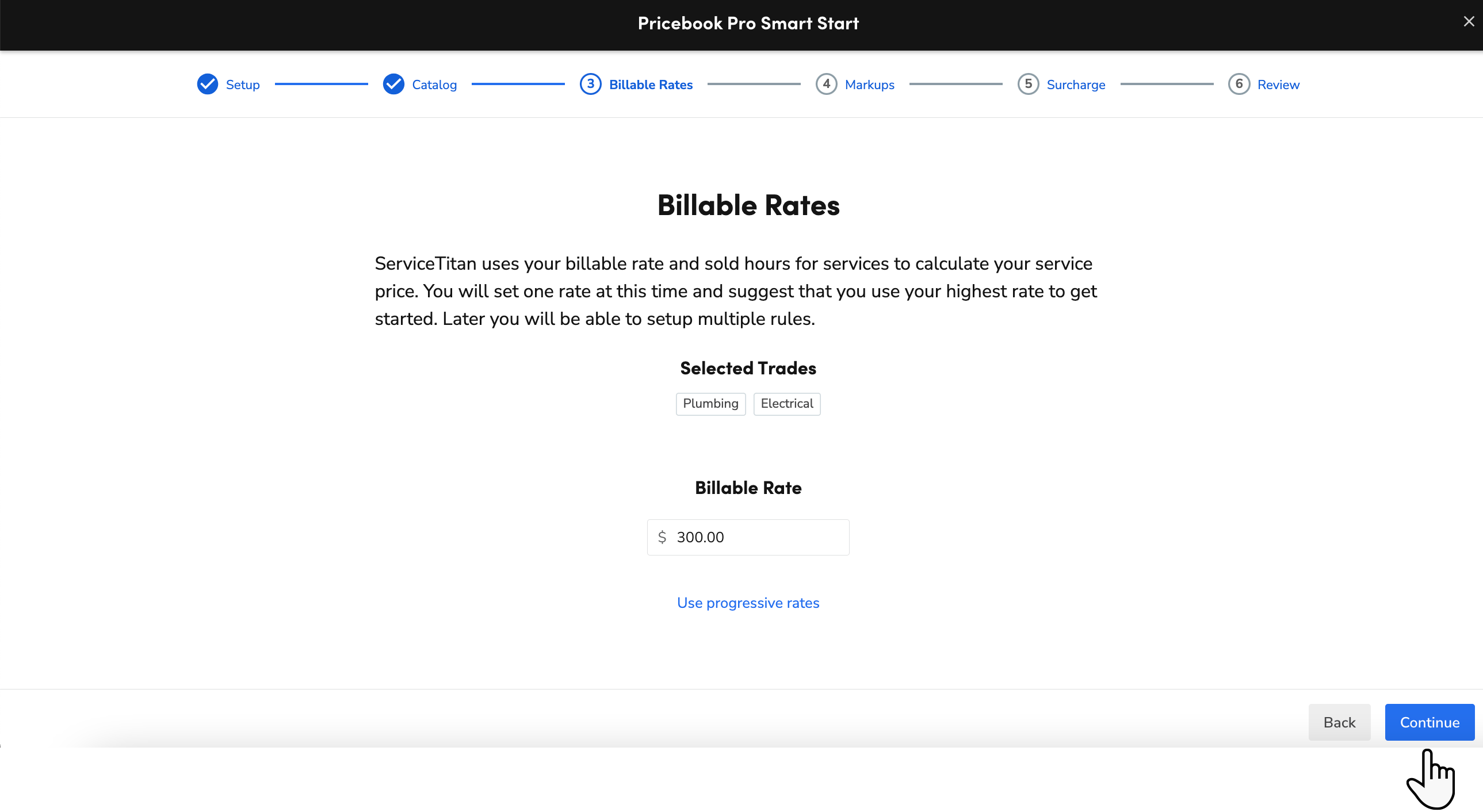 Cursor clicking Continue in the Billable Rates section in Pricebook Pro ...