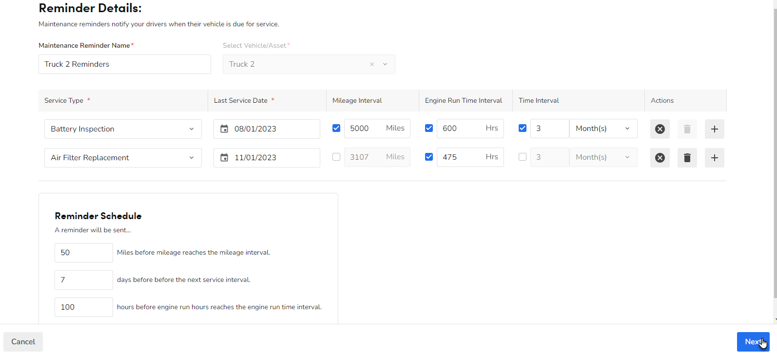 A cursor clicking Next on the Reminder Details screen.
