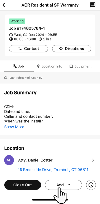 Cursor clicking Add to add notes in ST Field Mobile App
