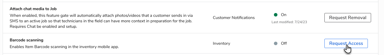 Cursor on the Request Access option in the Feature Configurations screen