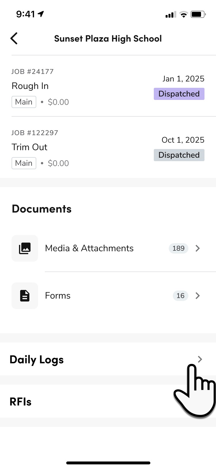 A cursor tapping the Expand icon in the ServiceTitan Field Mobile App.