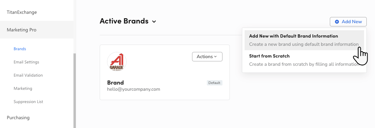 Cursor hovers over the Add New with Default Brand Information option on ...