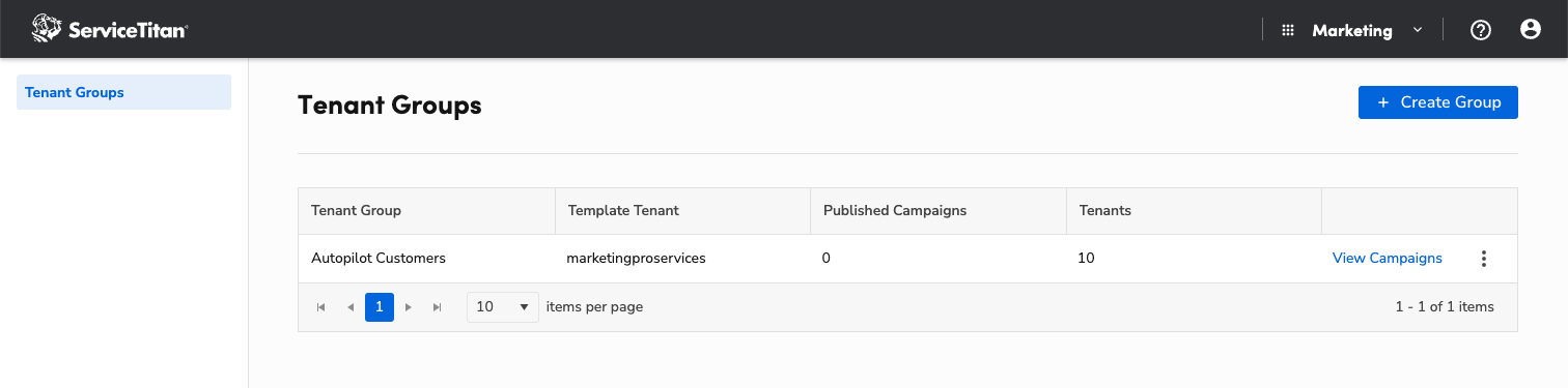 Tenant Groups screen