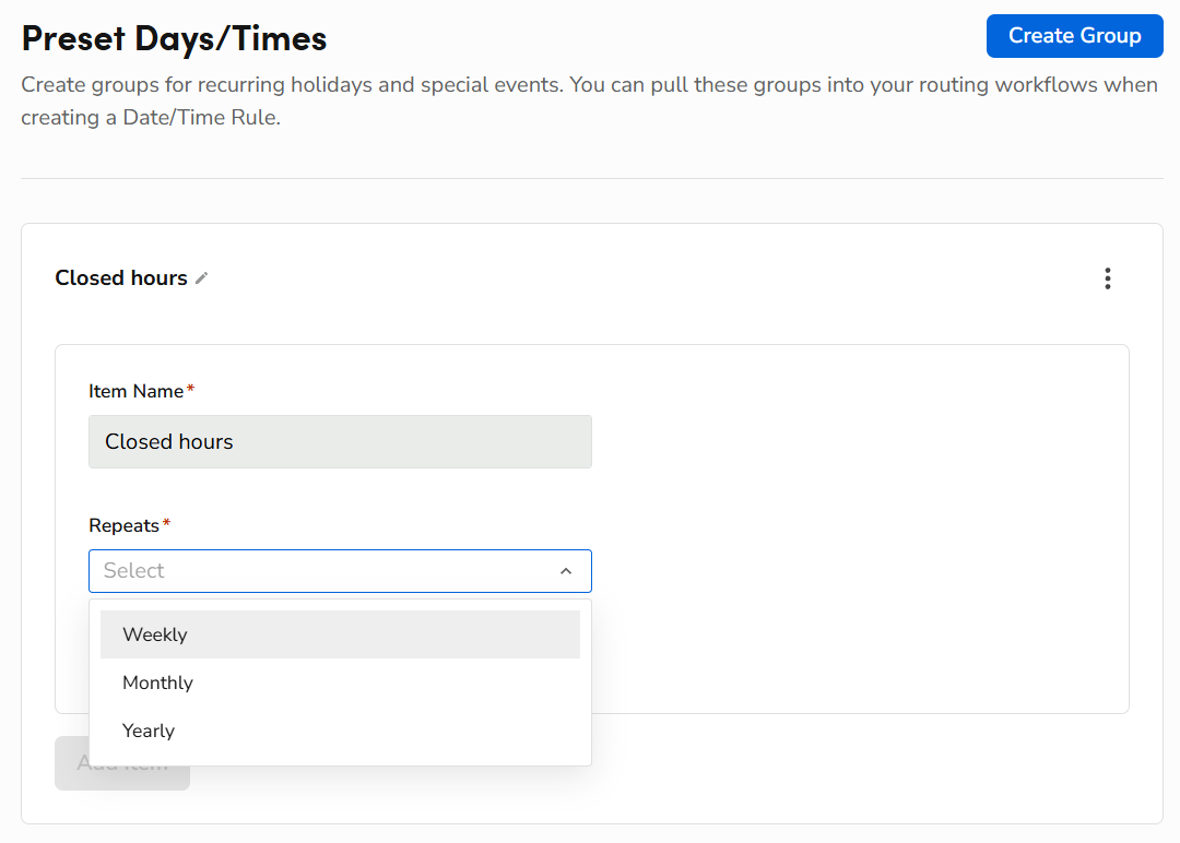 Select your rule recurrence type from the Repeats dropdown