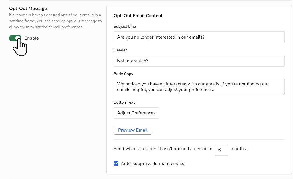 Cursor hovers over the toggle for the Opt-Out Message setting.