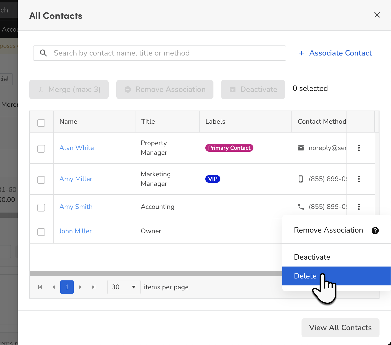 delete contact from a customer location