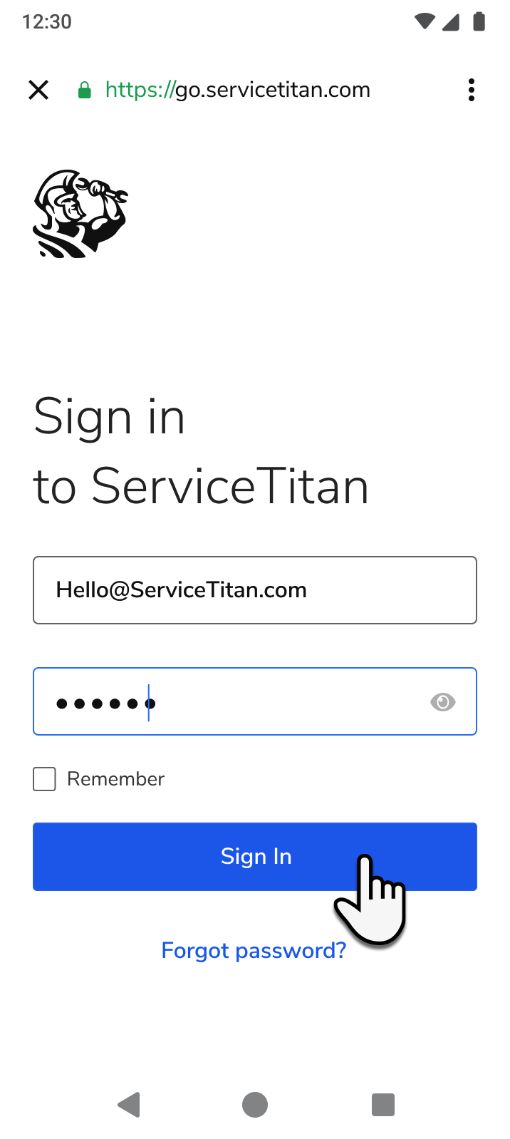 A cursor selecting Sign In for the ServiceTitan Field Mobile App on ...