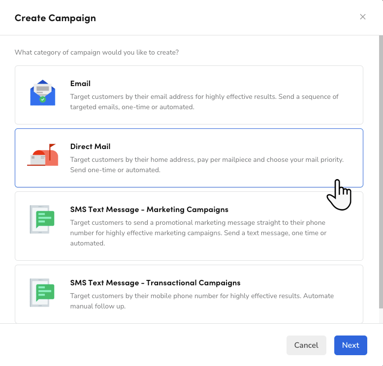 Cursor hovers over the Direct Mail option on the Create Campaign screen.