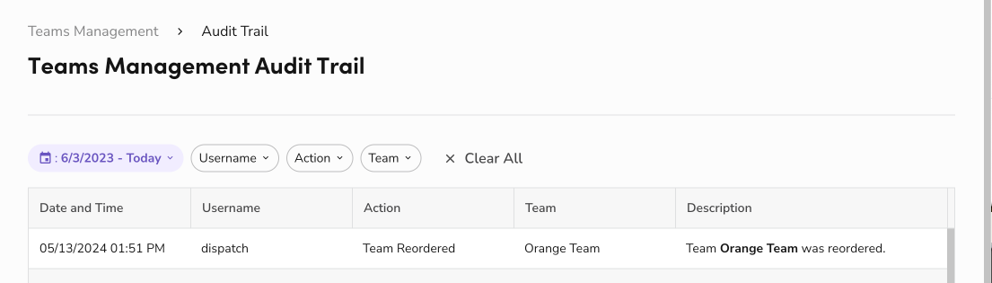 The Teams Management Audit Trail screen in ServiceTitan.