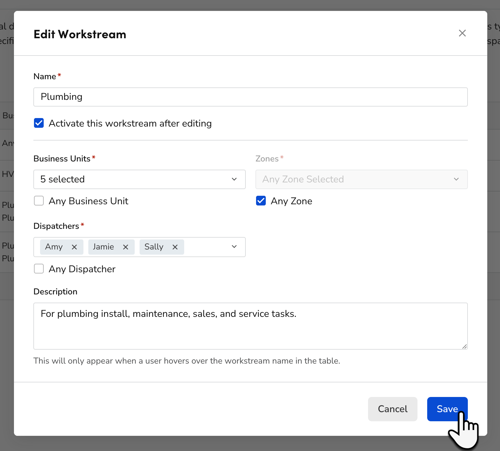 The Edit Workstream pop-up screen in ServiceTitan Dispatch Pro Console ...