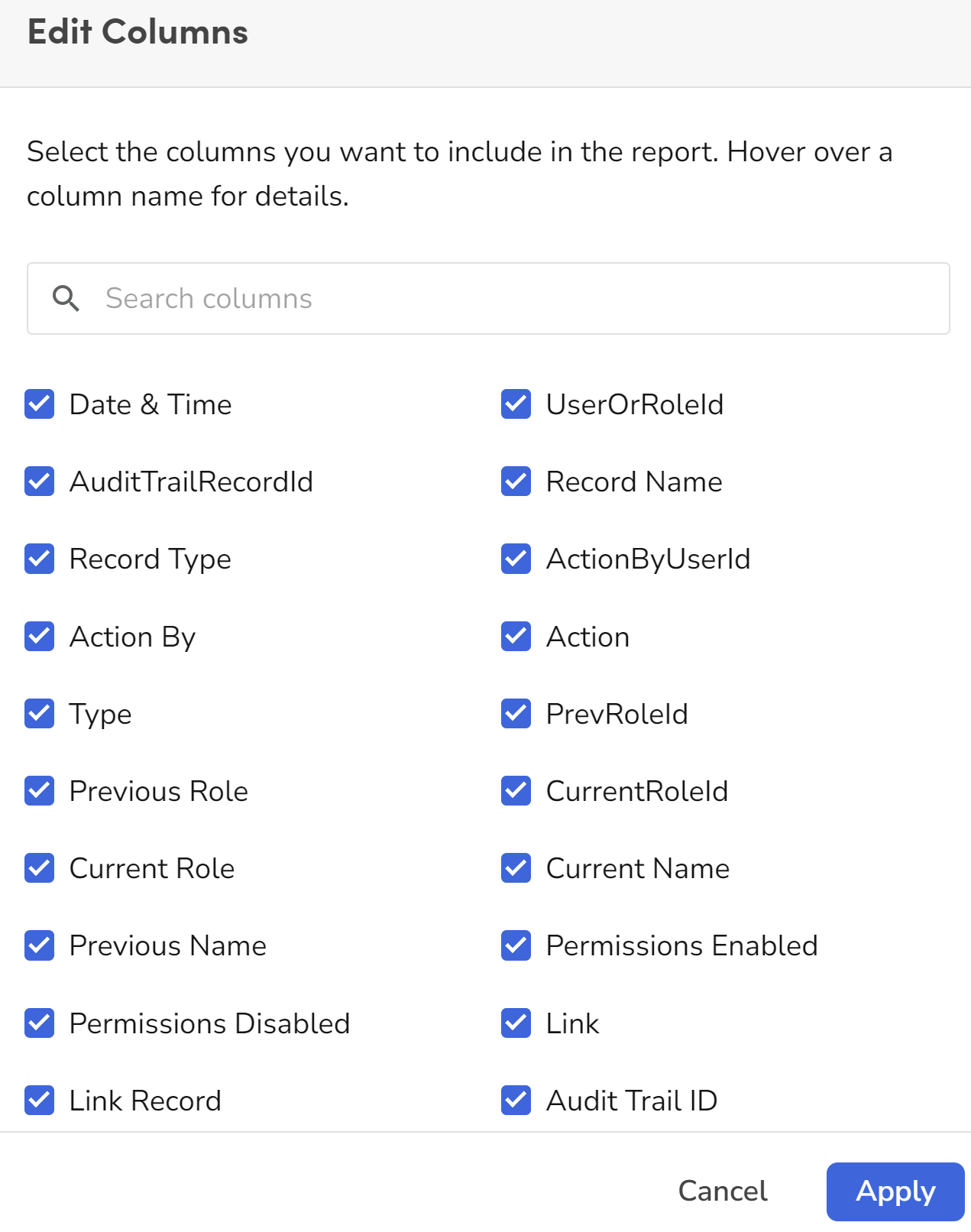 Viewing user role and permissions columns in the Report template