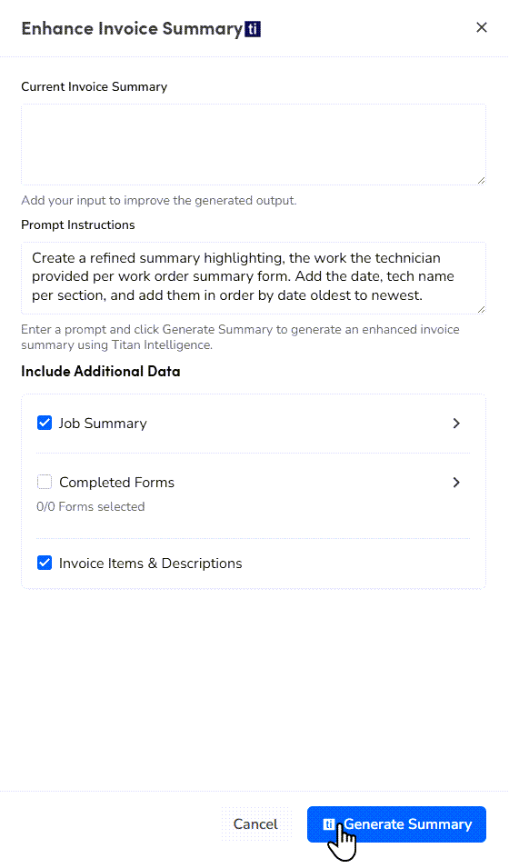 Cursor on the Generate Summary option in the Enhance Invoice Summary screen