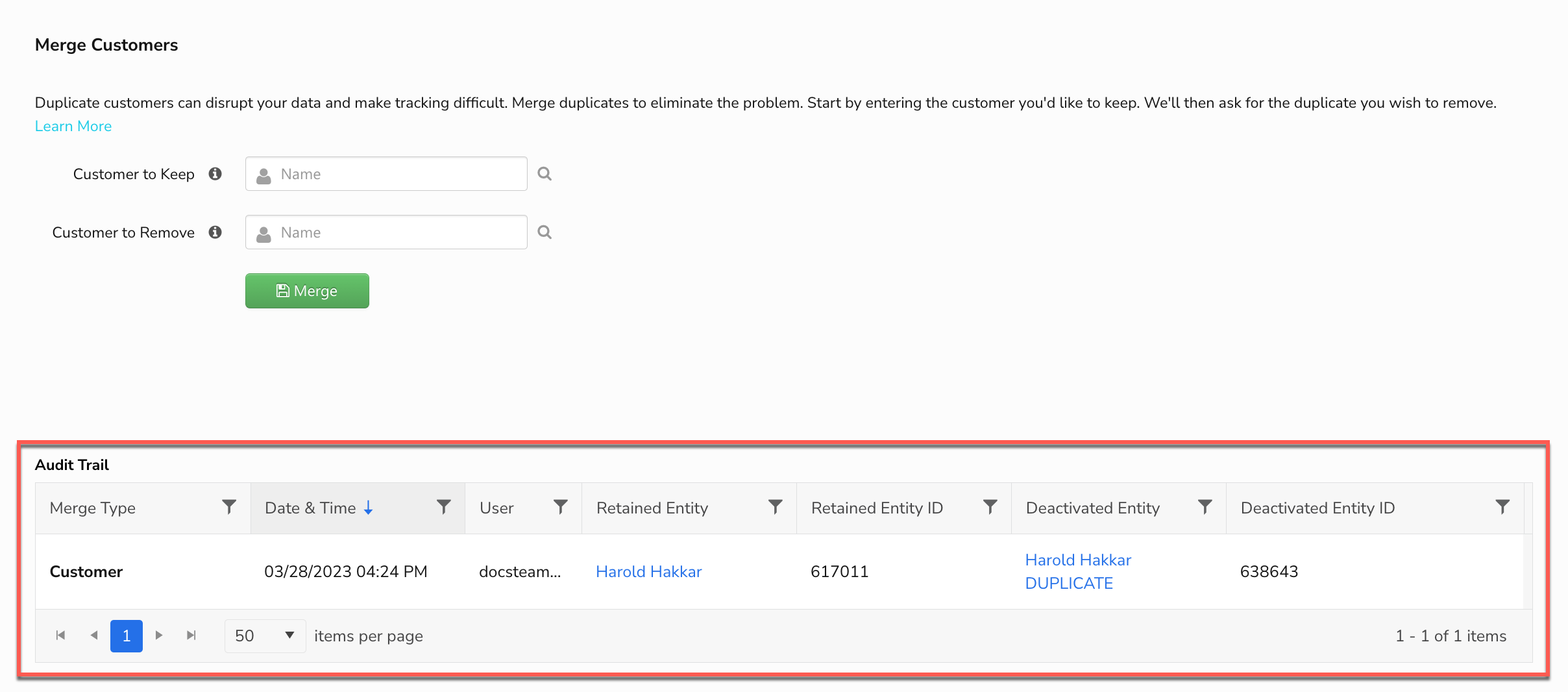 Merge and unmerge duplicate Customer and Location Records