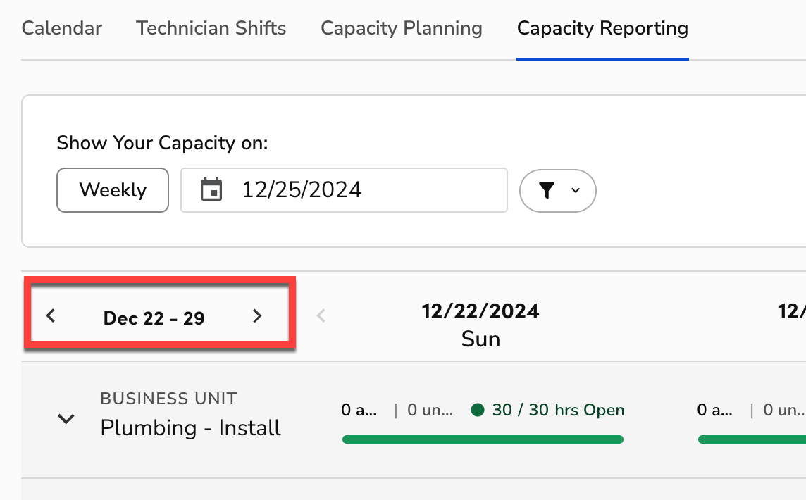 The Weekly view of the Capacity Reporting screen in ServiceTitan. The ...