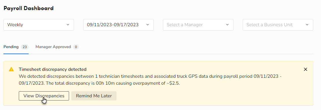 A cursor selecting View Discrepancies when timesheet discrepancies have ...