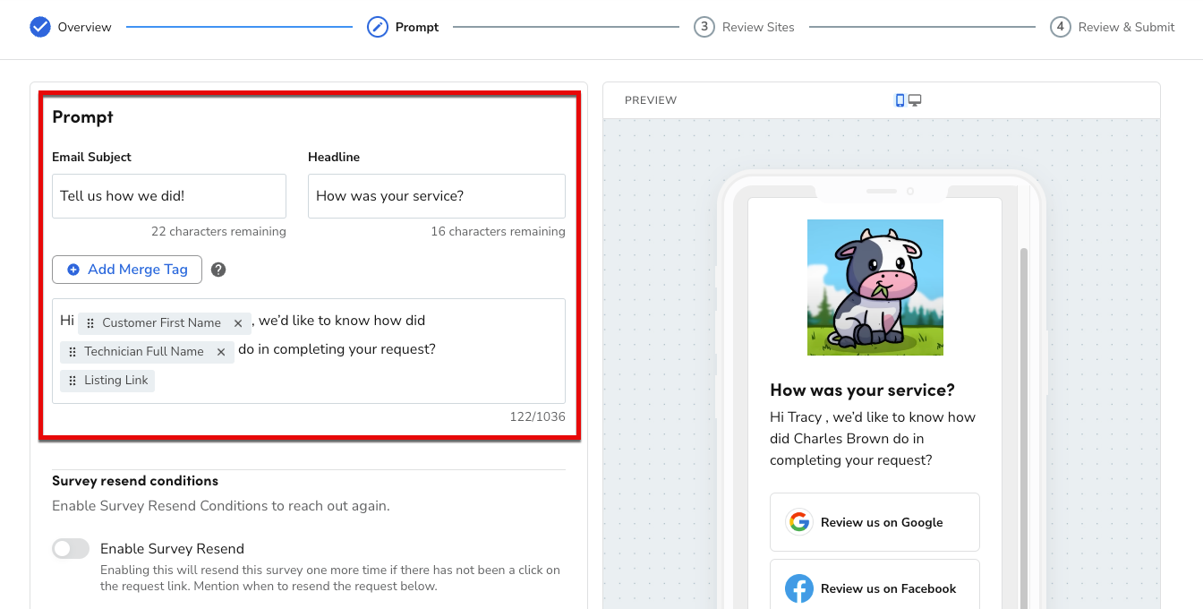 Prompt Default email survey