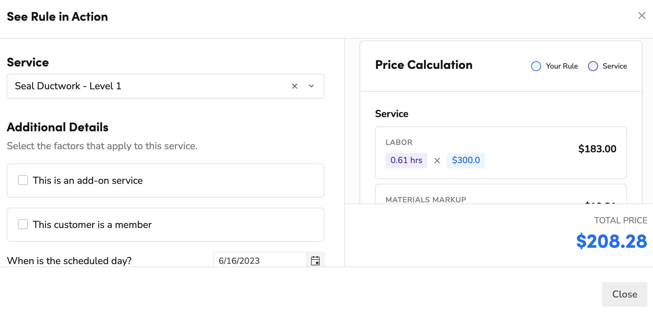 Checking the pricing you set in Pricebook > Services > Dynamic Pricing ...