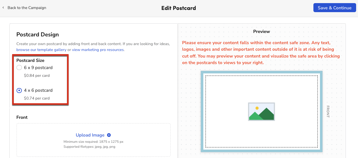 The postcard sizes and their prices highlighted on the Edit Postcard ...