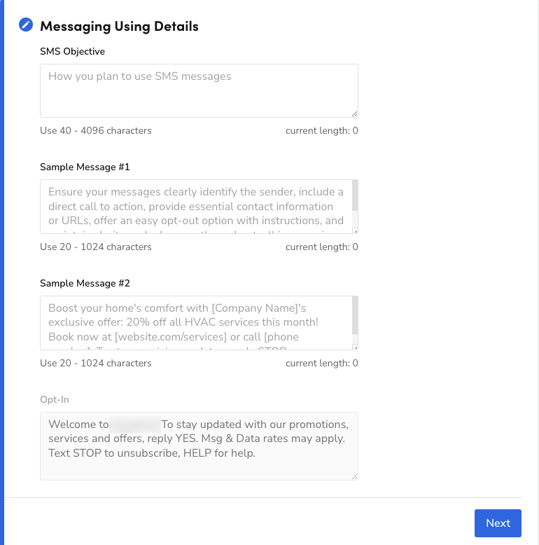 Messaging Using Details section of the Marketing Registration
