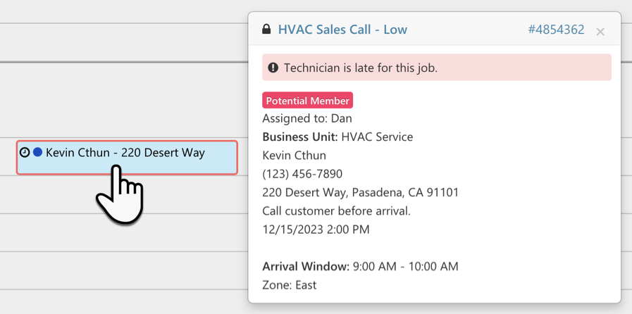 A cursor hovering over an appointment on the ServiceTitan Dispatch Board.
