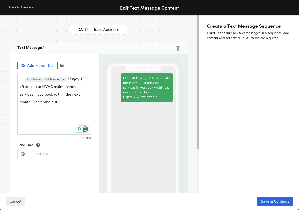Edit Text Message Content screen