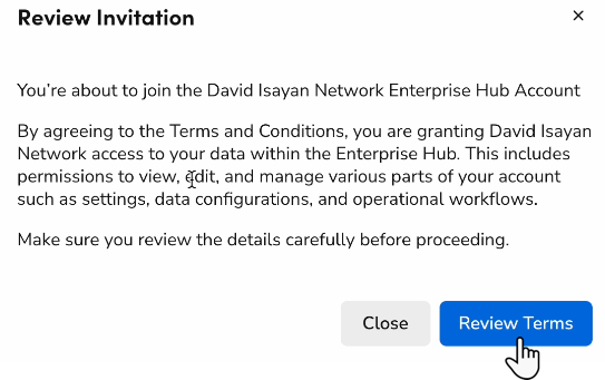 Cursor clicking Review terms to review invitation terms