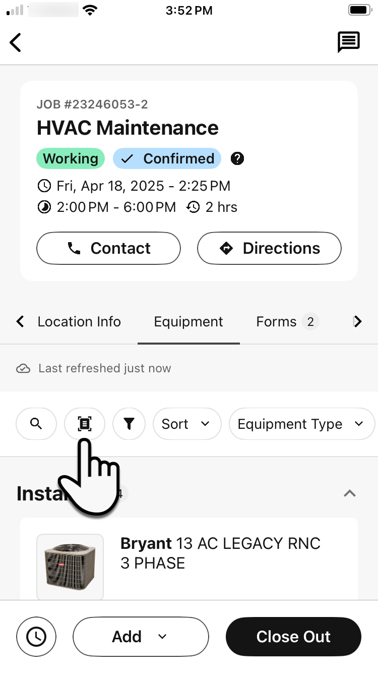 A cursor tapping the Scan icon on the Equipment tab in the ServiceTitan ...