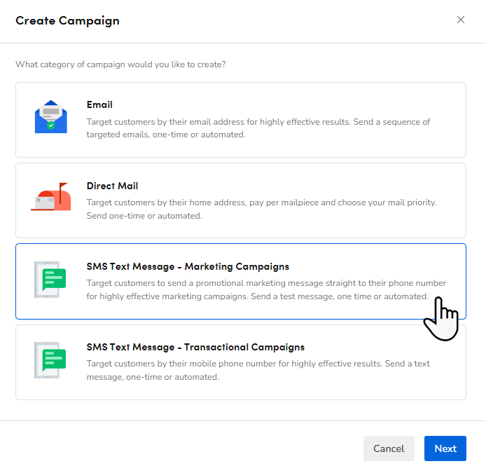 Cursor hovers over the SMS Text Message - Marketing Campaigns option