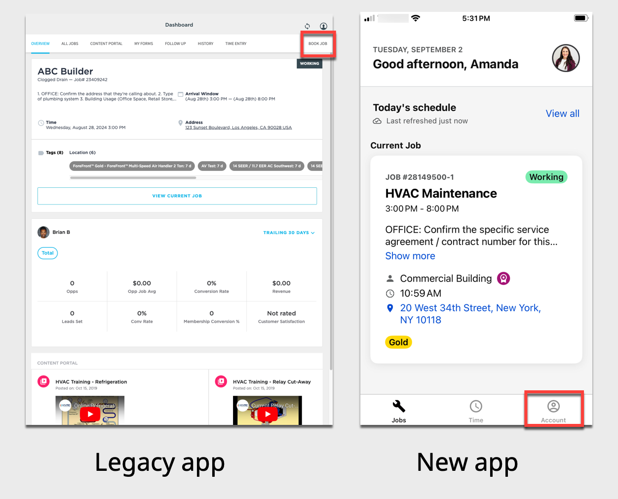 An image comparing the Book Job workflow in ServiceTitan's old technician app with the new Field ...