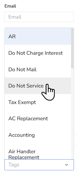 A cursor selecting Do Not Service from the Tags filter dropdown on the ...