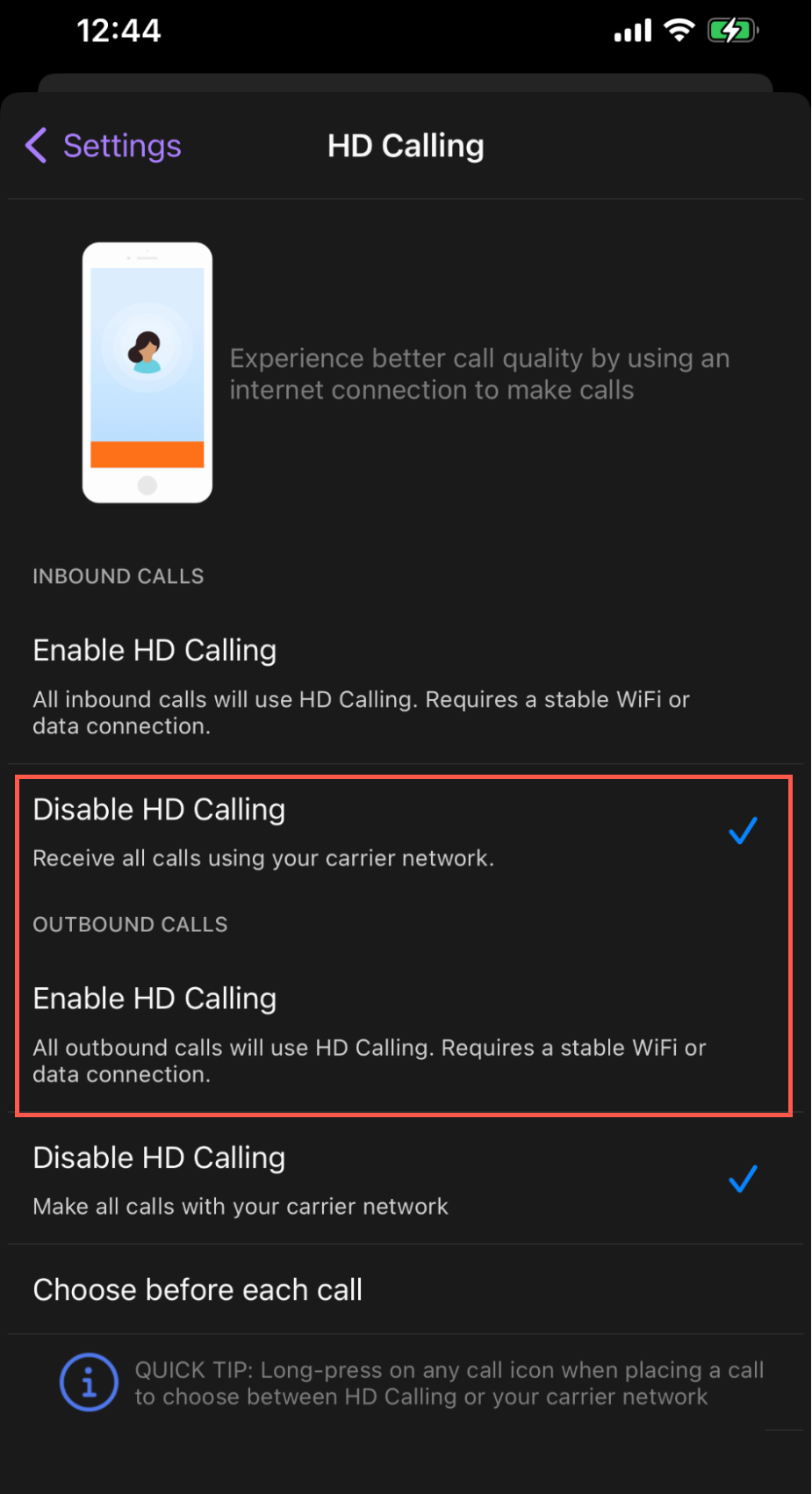 Enabling or disabling HD Calling for iOS devices