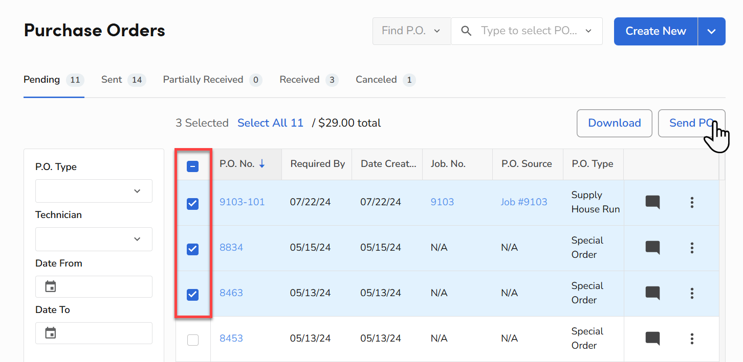 Cursor clicking Send PO on the Purchase Orders screen.