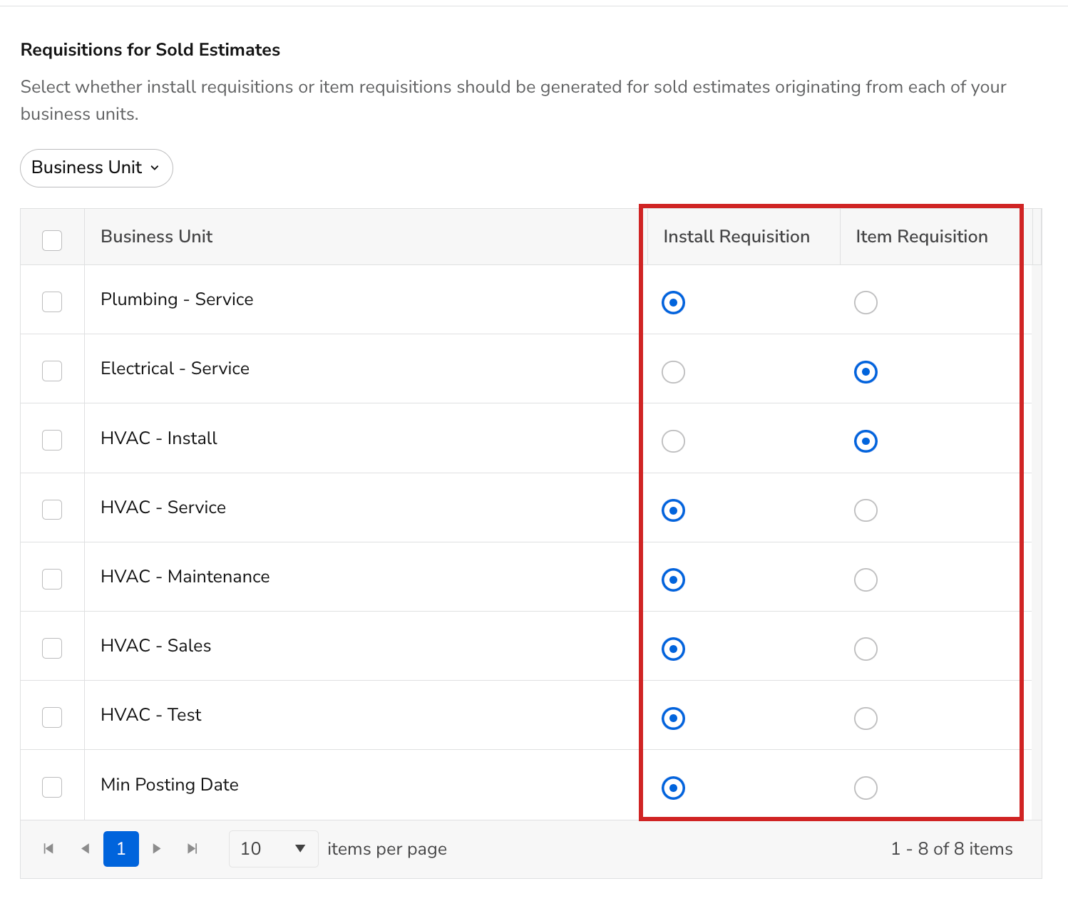 Image displaying the Requisitions section in Purchasing Configuration.