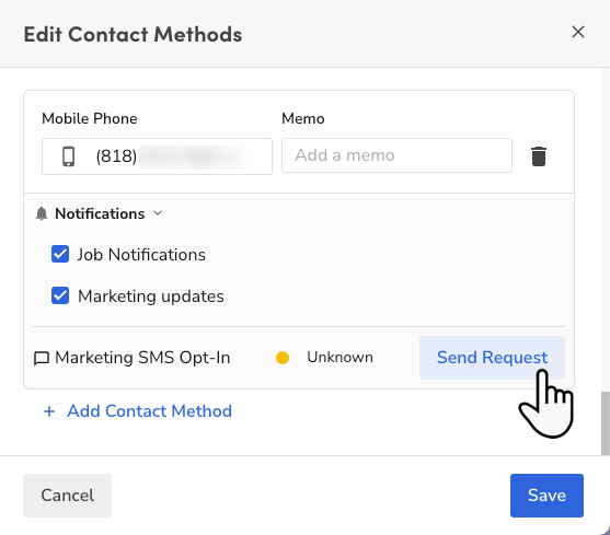 Cursor hovers over the Send Request button for a mobile phone number.
