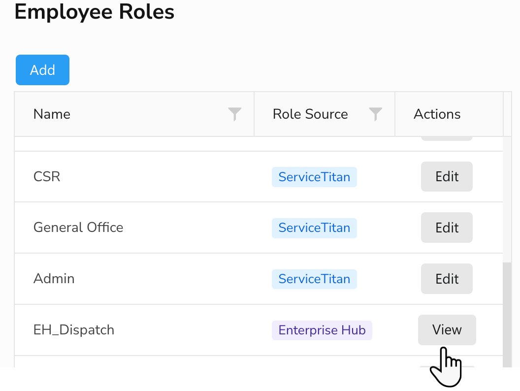 Cursor clicking View to view the EH role on the Employee Roles screen