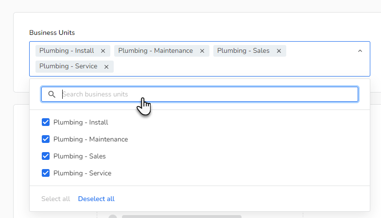 A cursor selecting the search field to add business units that need to be updated.