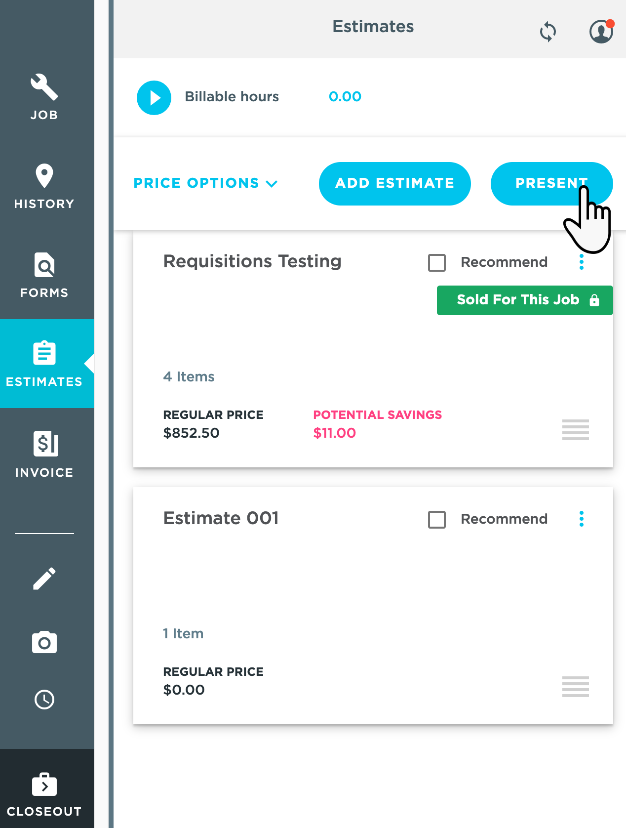 Requisition items for sold estimates in the ServiceTitan Mobile app